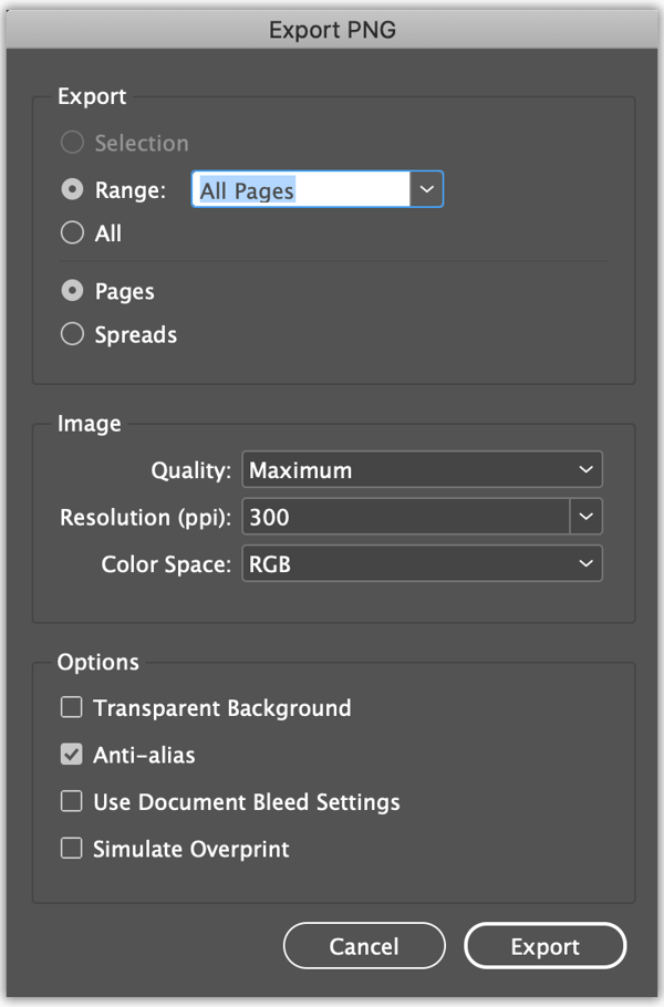Exporting to PNG (for web or emails)